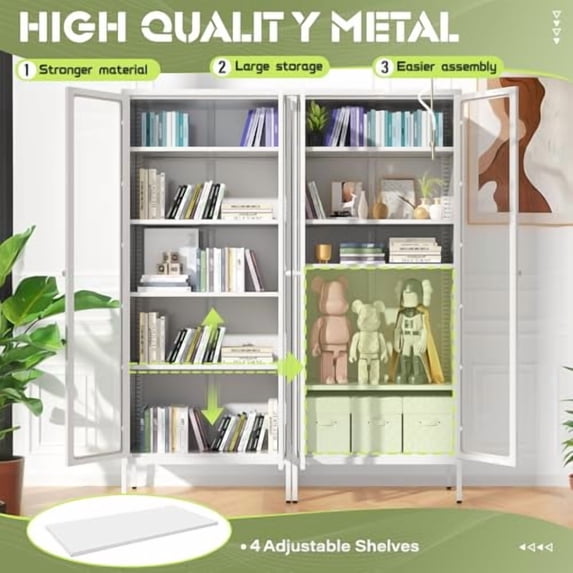 Crownland Modern Metal Display Cabinet with 4 Adjustable Shelves, White ...