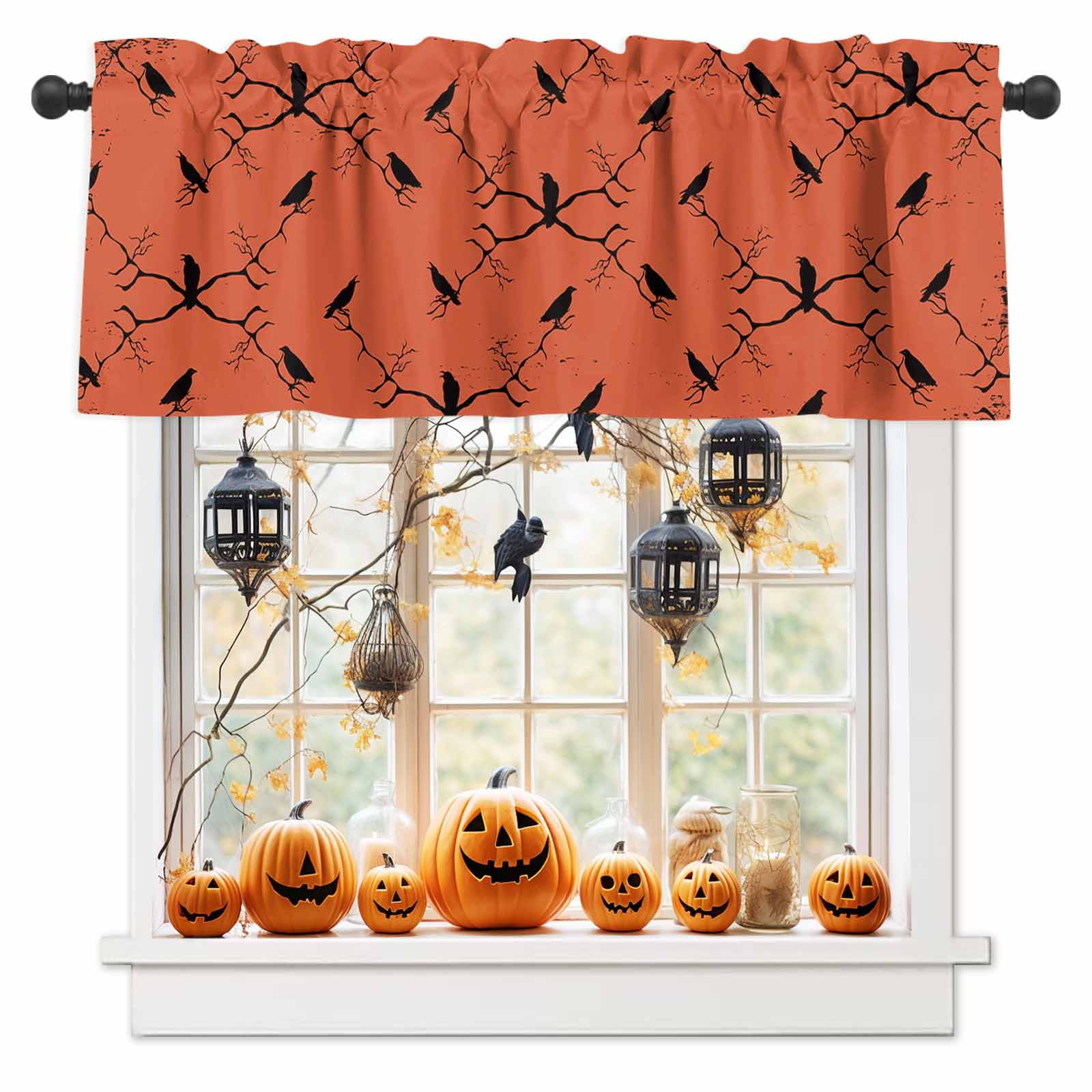 Crows Leafless Tree Branch Halloween Valances for Windows, Rod Pocket ...
