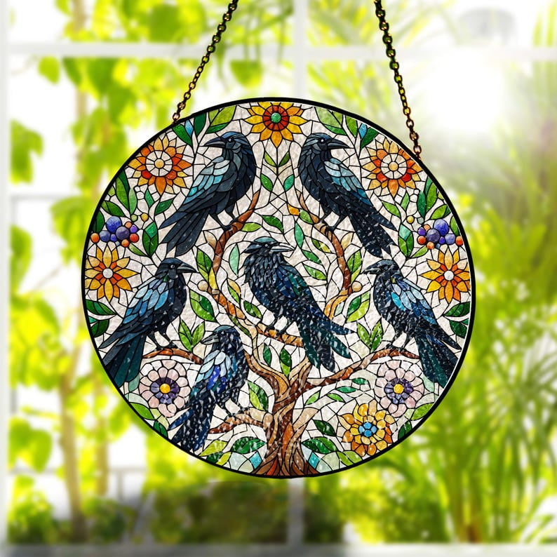 Crows in floral branch GLASS Window Hanging, Dark academia, Raven lover ...