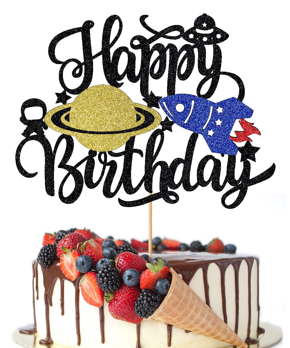 Crseniny Outer space theme DHF10 happy birthday cake Topper，Rocket ...