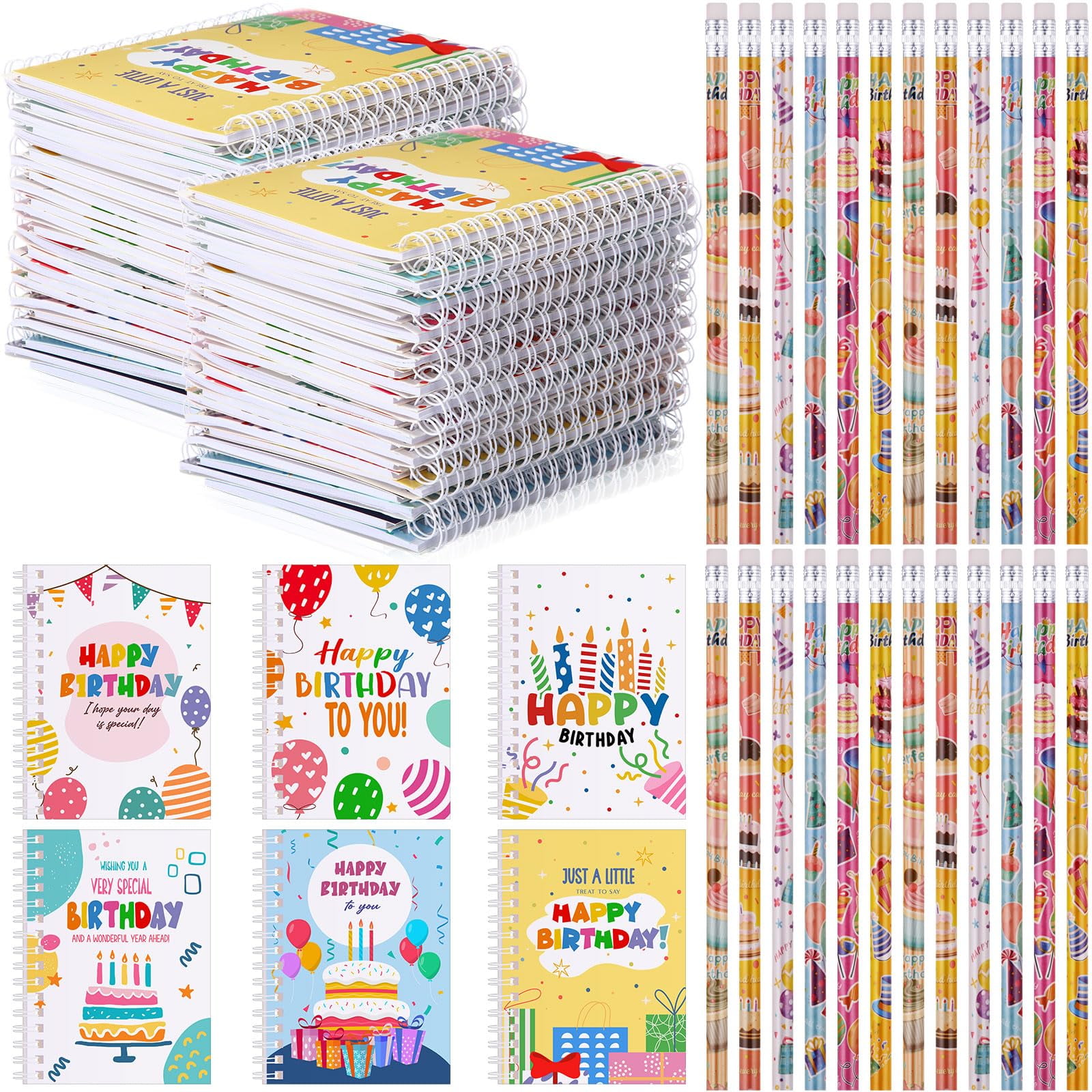 Crtiin 48 Pcs Happy Birthday Pencil SMRNotebooks Gift Spiral Notebooks ...
