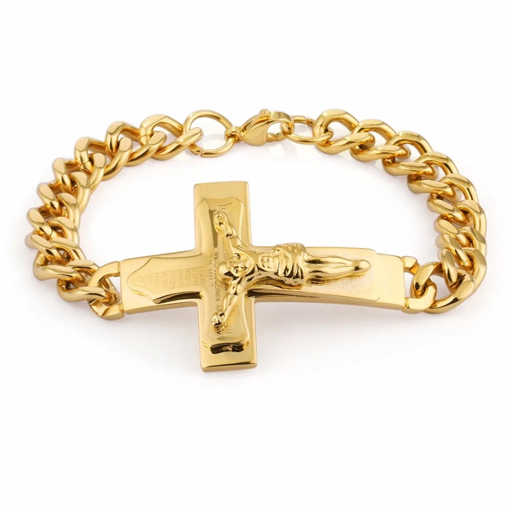 Crucifix Jesus Bible Cross Bracelet Men Jewelry 14K Yellow Gold Cuban ...