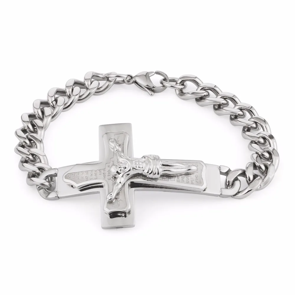Crucifix Jesus Bible Cross Bracelet Men Jewelry 14K Yellow Gold Cuban ...