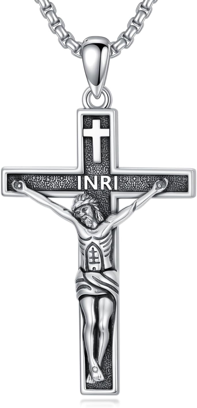 Crucifix Necklace Men 925 Sterling Silver Jesus Cross Necklace ...