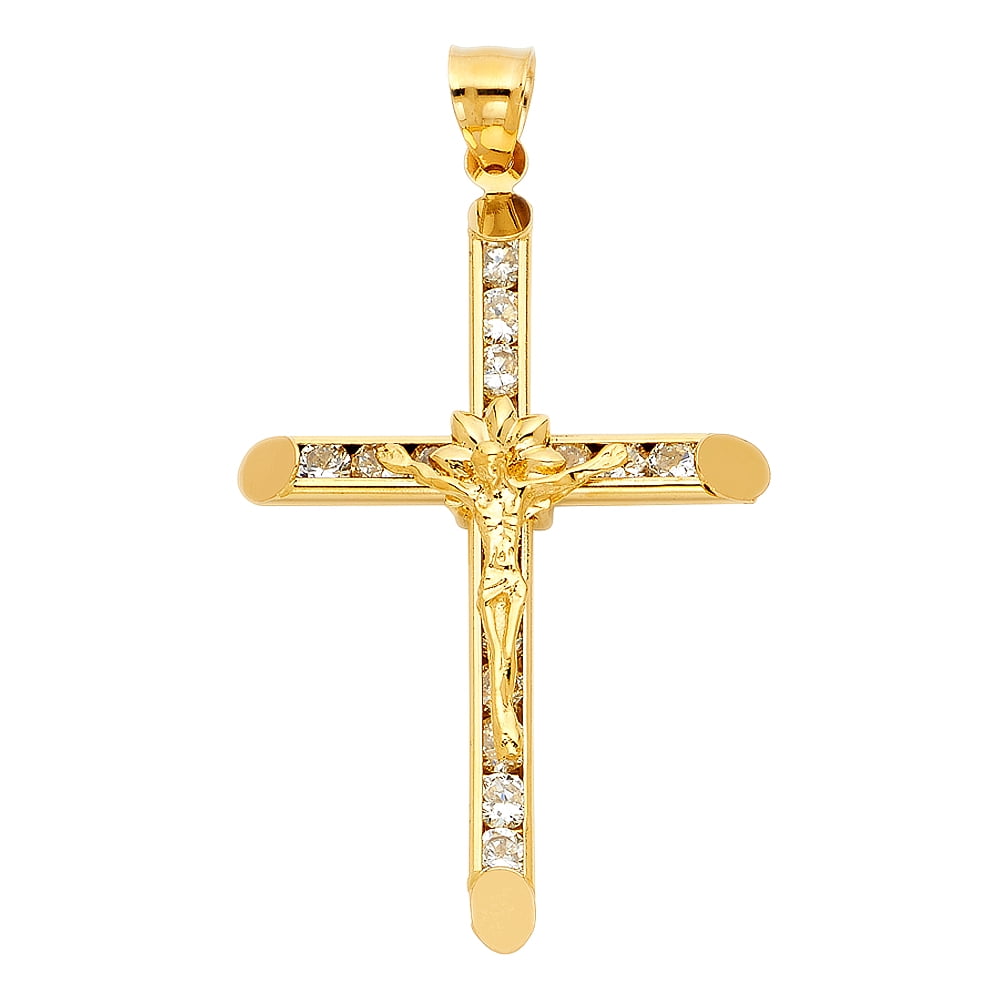 Crucifix Pendant CZ Solid 14k Yellow Gold Cross Jesus Charm Celtic ...