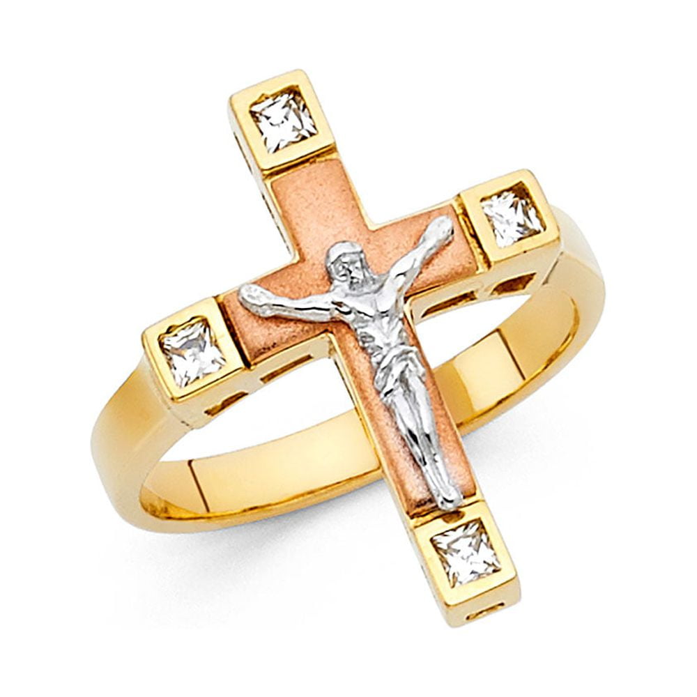Crucifix Ring Solid 14k Yellow Rose Gold Jesus Cross Band Princess CZ ...