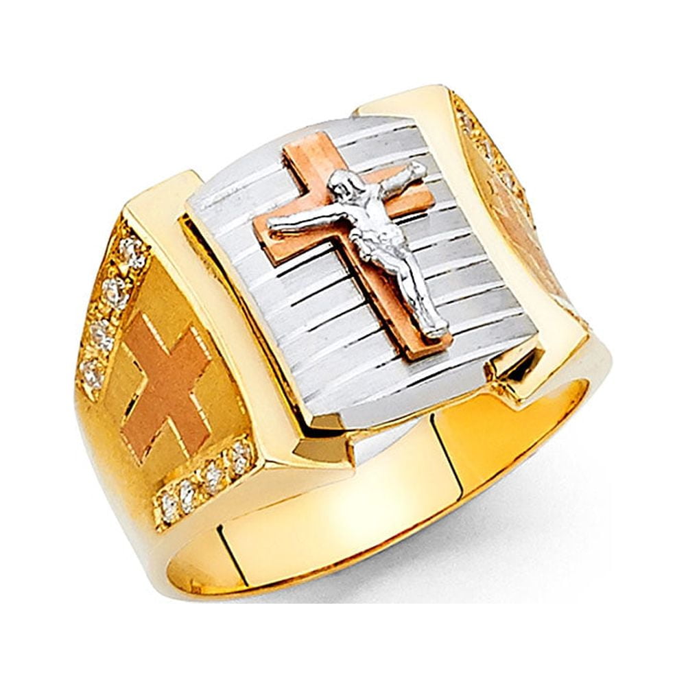 Crucifix Ring Solid 14k Yellow White Rose Gold Mens Cross Band CZ ...