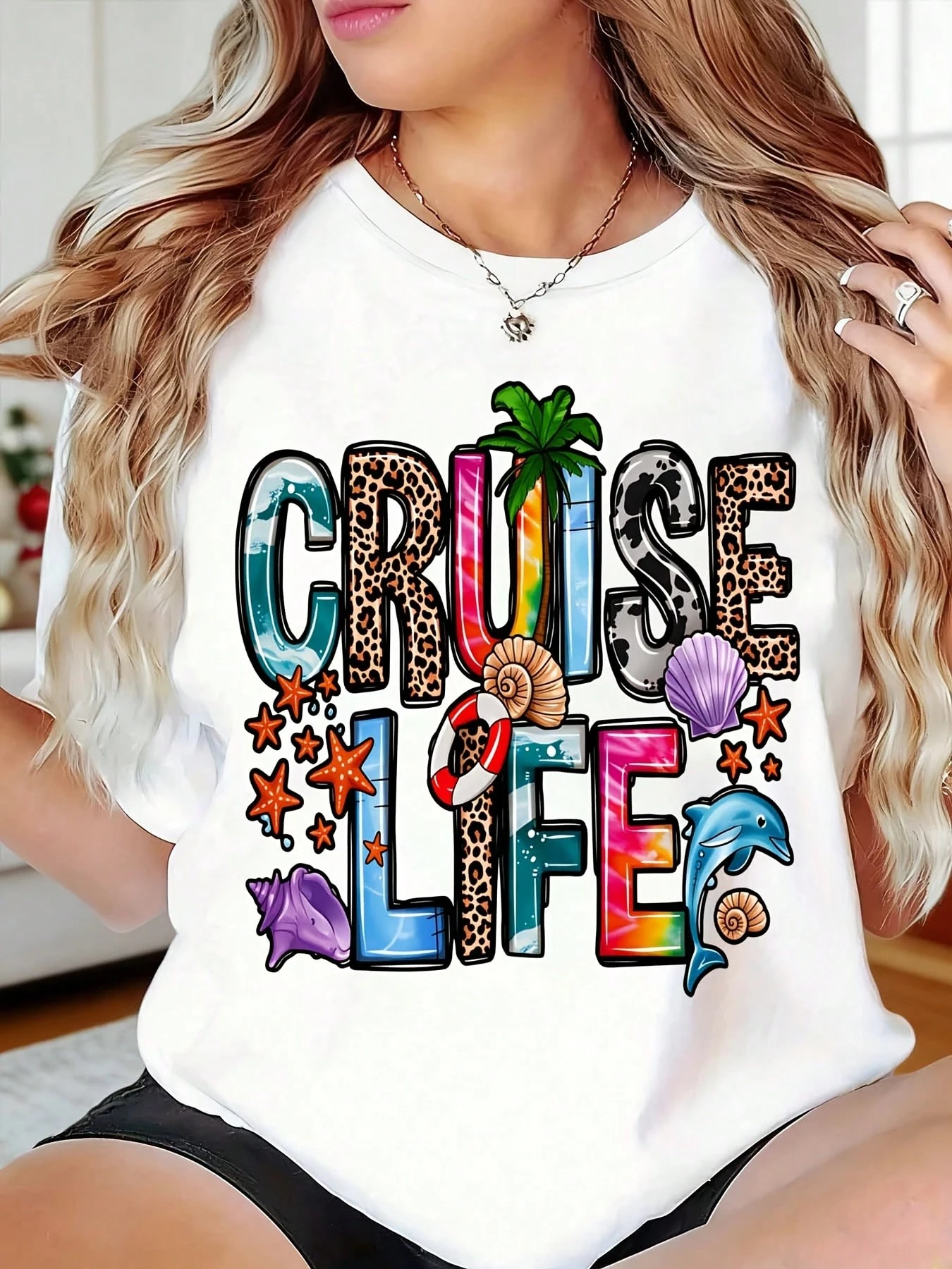 Cruise Life Graphic T Shirt White Tropical Print With Palm Tree Dolphin ...