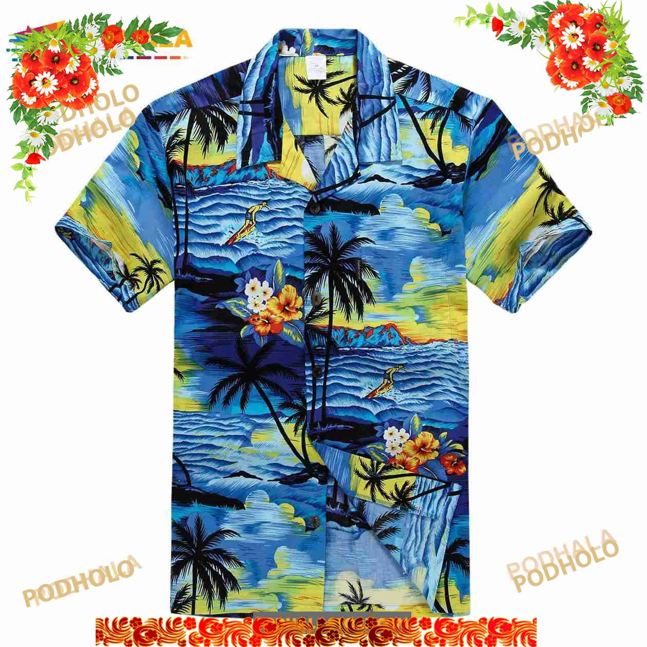 Cruise Tropical Luau Beach Party Blue Sunset Palm Tree Hawaiian Shirt ...