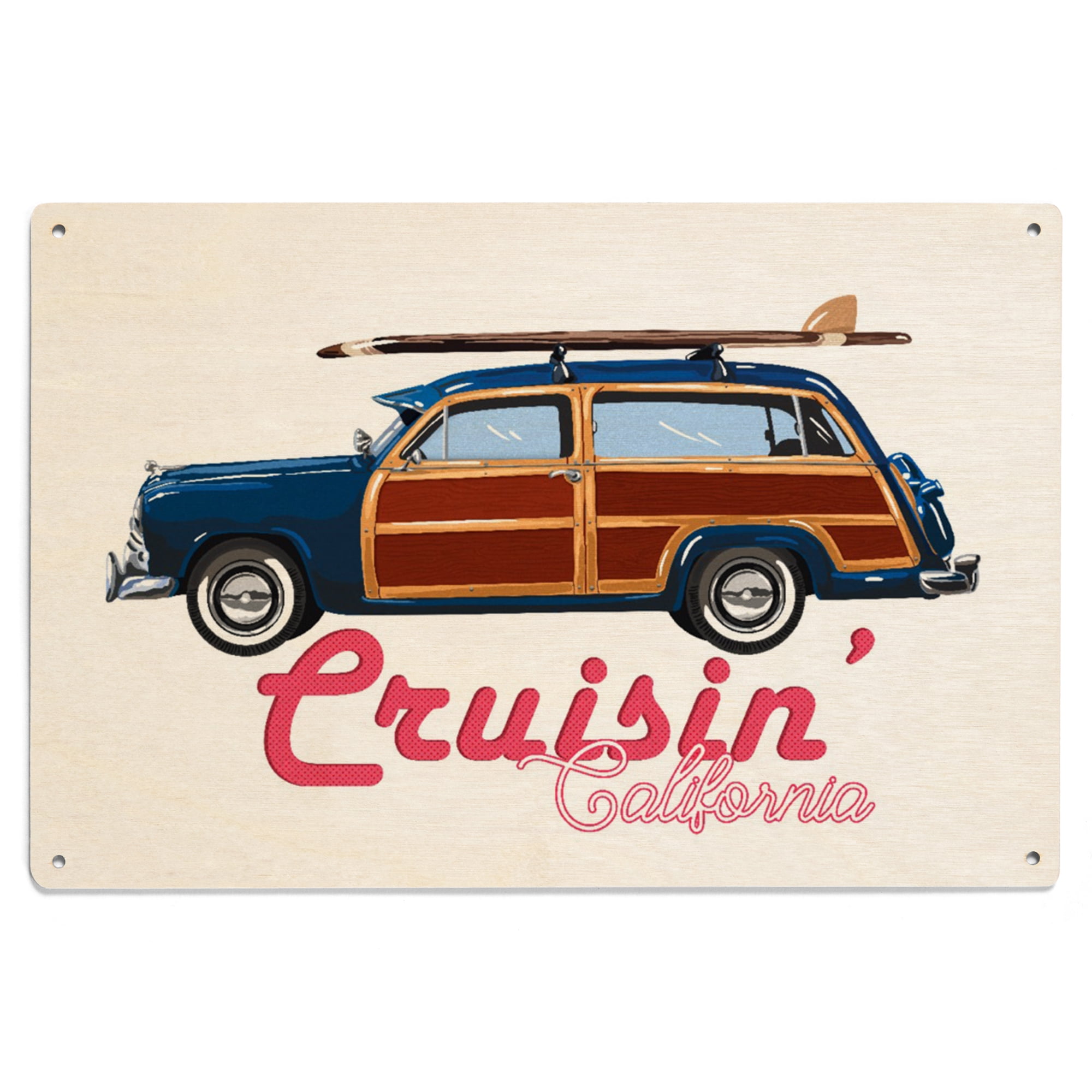 Cruisin' California, Retro Woody and Surfboard, Contour Birch Wood Wall ...