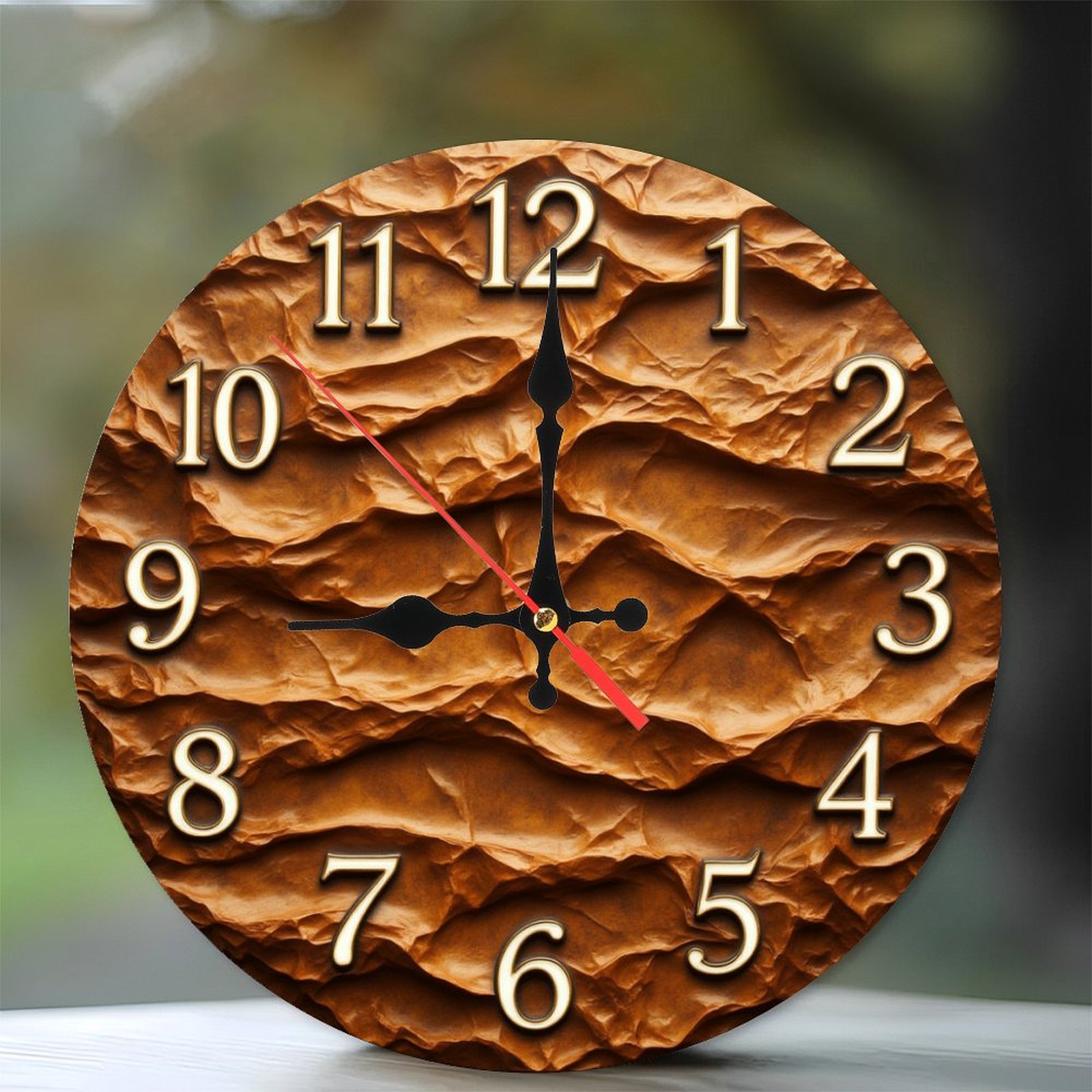 Crumpled Paper Texture Wall Clock Brown Gold Numbers Home Decor 10-Inch ...