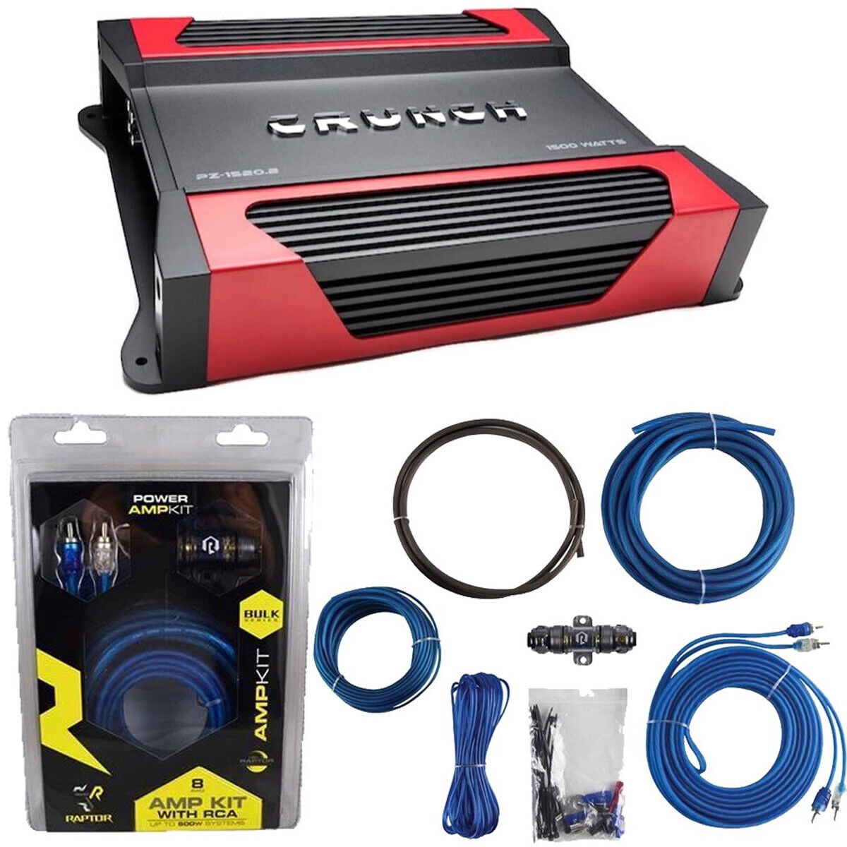 Crunch PZ-1520.2 Car Amplifier with Raptor R2AK8 8 Gauge Complete Amp ...