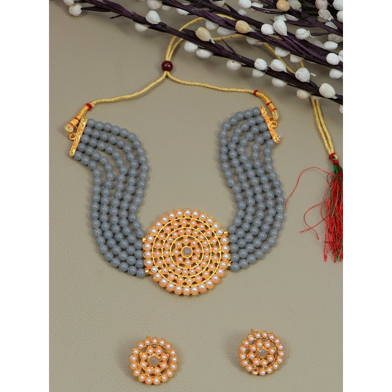 Crunchy Fashion Traditional Gold Plated Grey Beaded Kundan Choker Jewellery Set