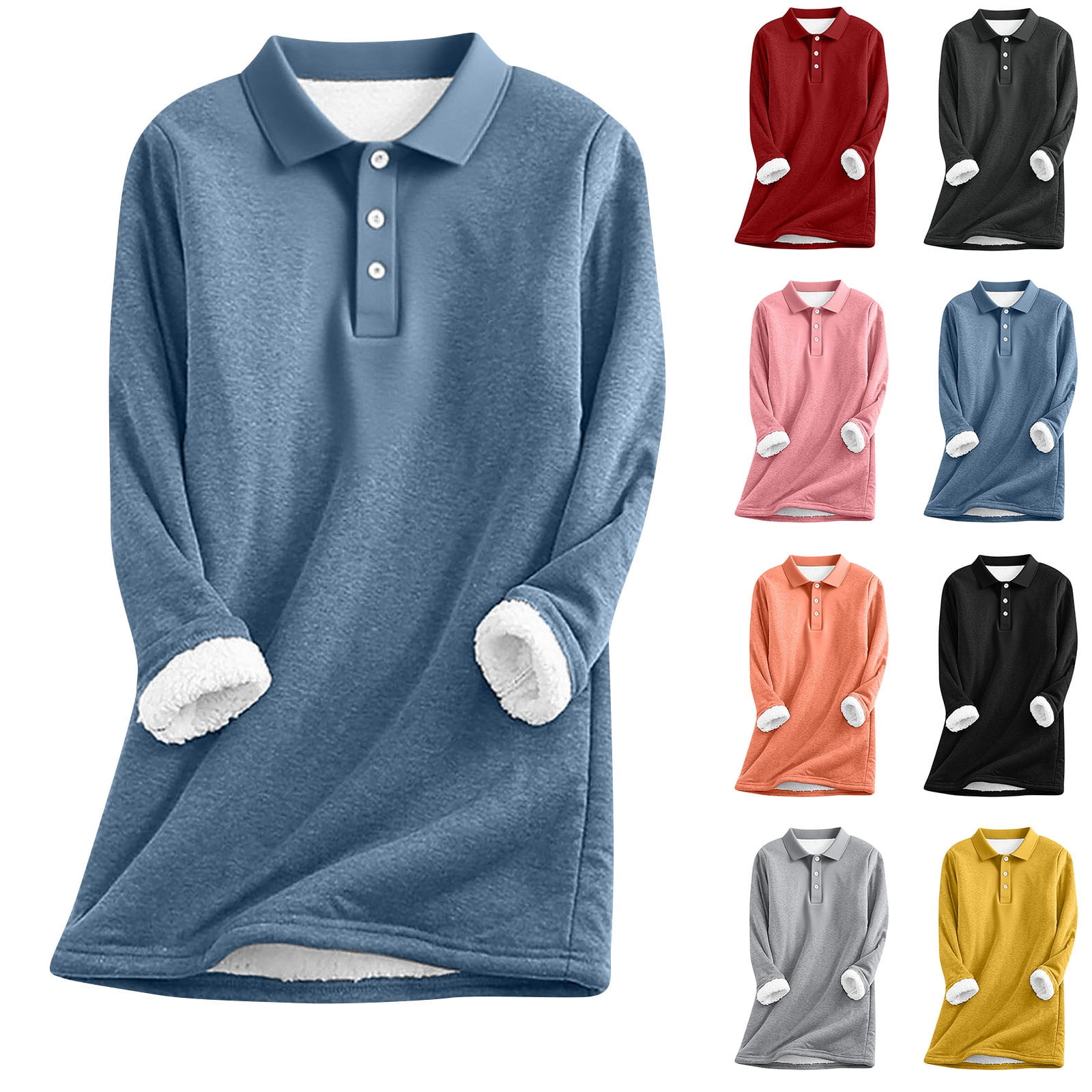 Crunowin Fleece Lined Sweatshirts for Women, Long Sleeve Button Collar ...