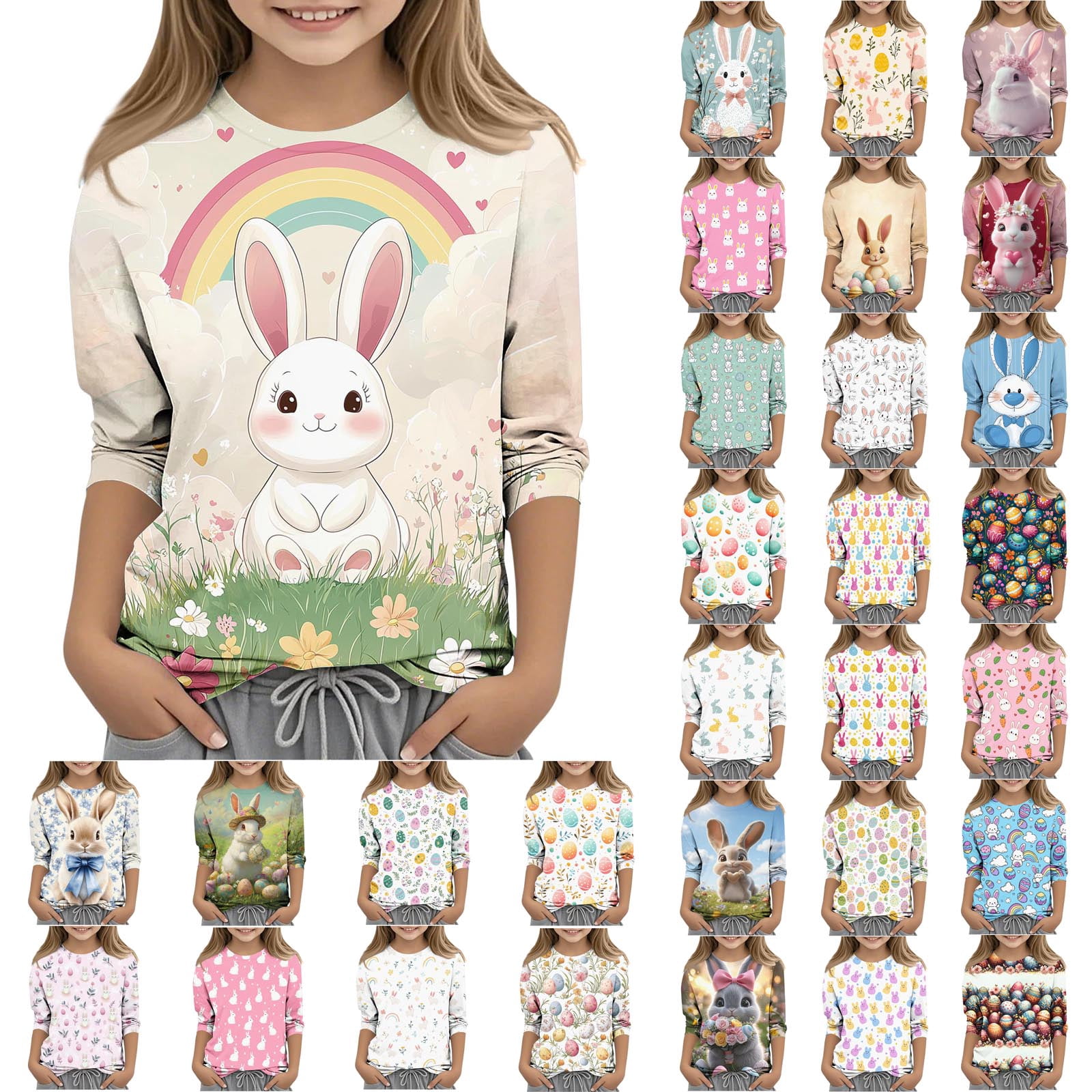 Crunowin Girls Easter Tops (3-13), 3/4 Sleeve Round Neck Graphic Print ...