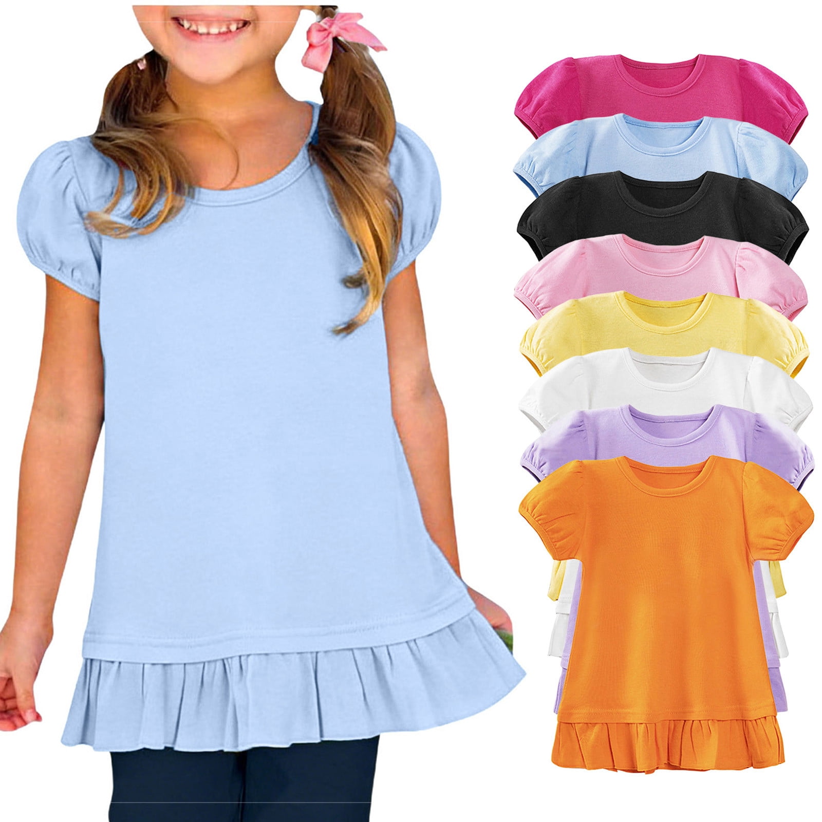 Crunowin Girls Short Sleeve Cotton T-Shirt Round Neck Puff Sleeve ...