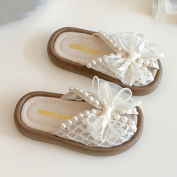Crunowin Girls' Summer Sandals Solid Color Pearl Decor Soft Non-Slip ...