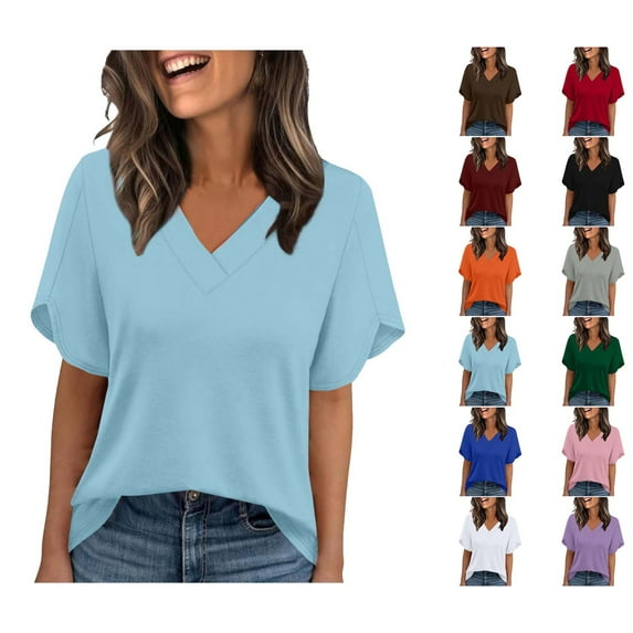 Crunowin V-Neck T-shirts for Women, Ruffle Solid Tee Short-Sleeve ...