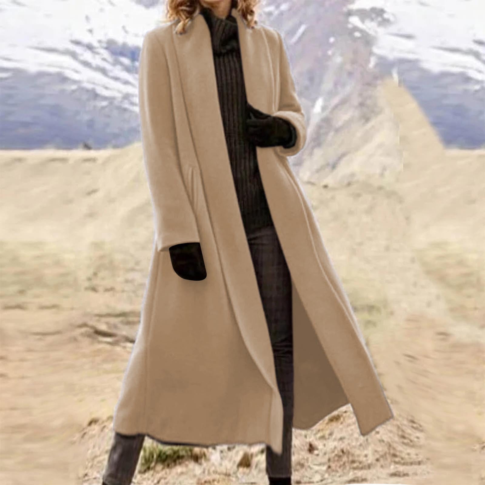 Crunowin Women Long Coat, Hoodless Lapel Long Sleeve Solid Color ...