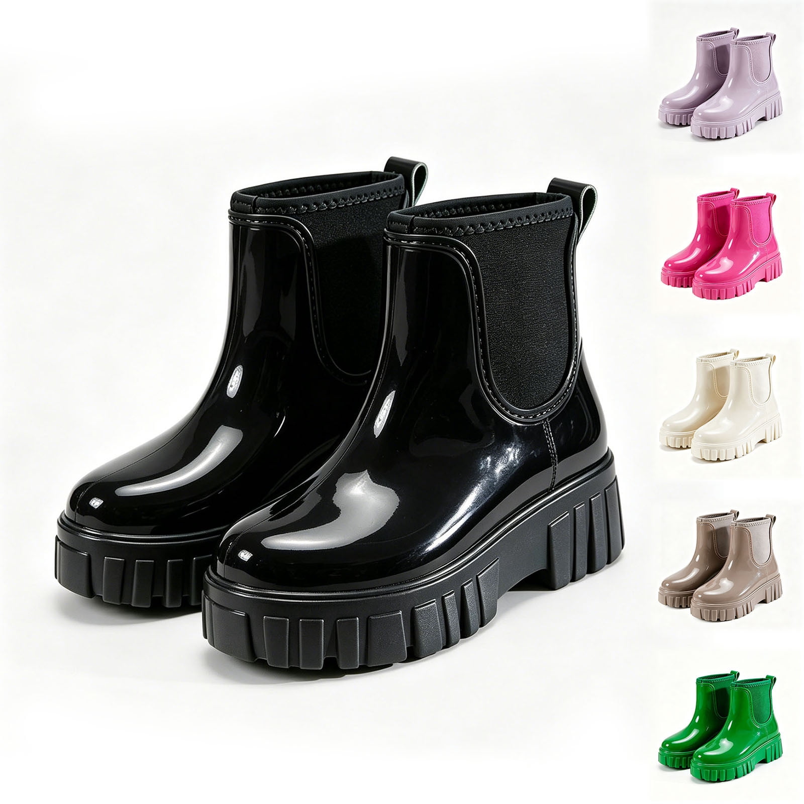 Crunowin Women's Ankle Rain Boots, Glossy Waterproof Pull-On Deep-Tread ...
