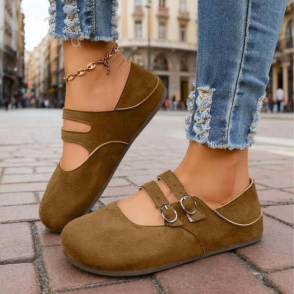 Crunowin Women's Flat Toe Shoes Double Strap Round Toe Low Heel Slip-On ...