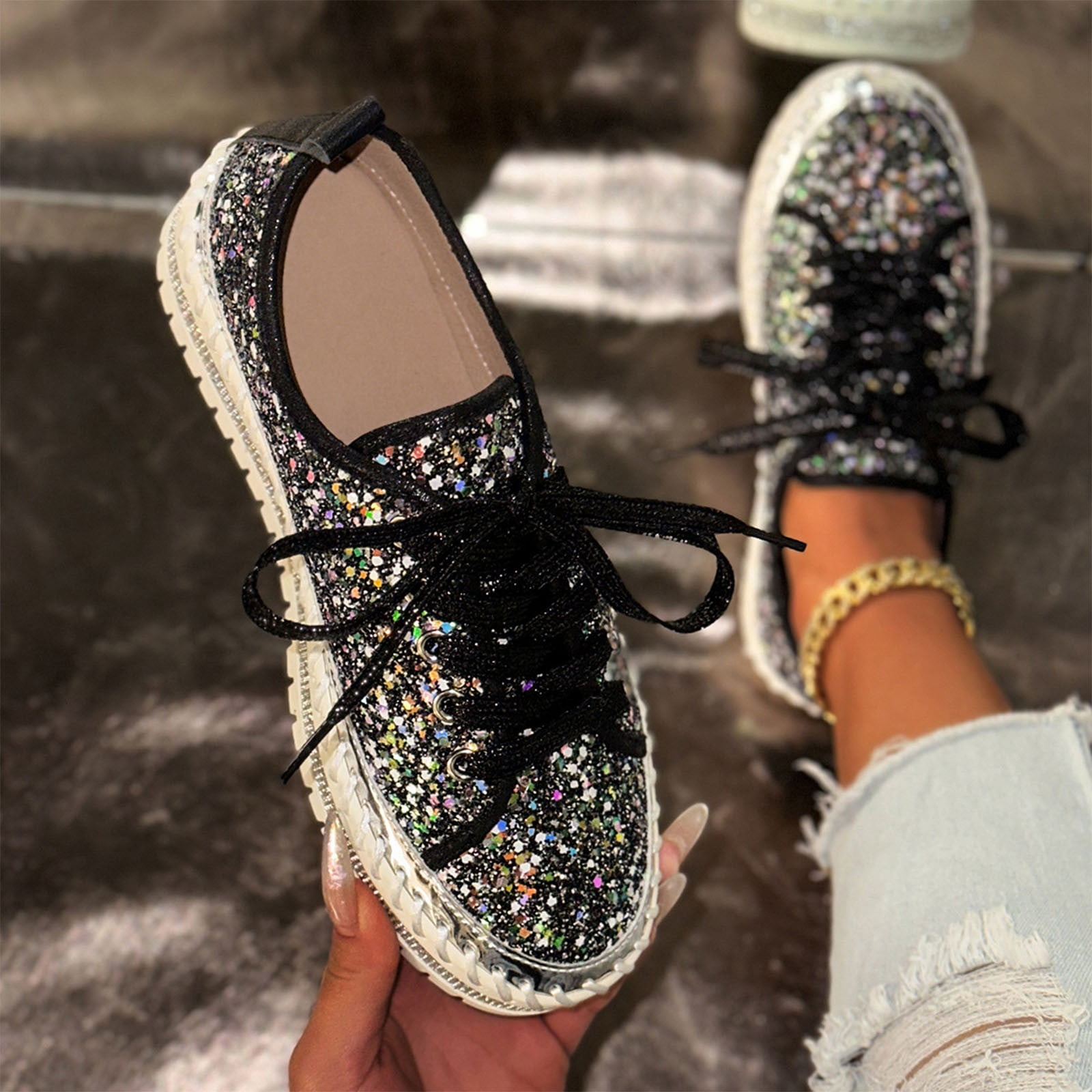 Crunowin Women's Flat Toe Shoes Solid Color Glitter Design Thick Sole ...