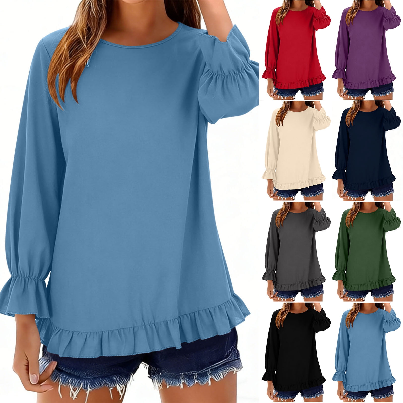 Crunowin Women's Linen Shirts, Long Sleeve Round Neck Pullover Blouse ...