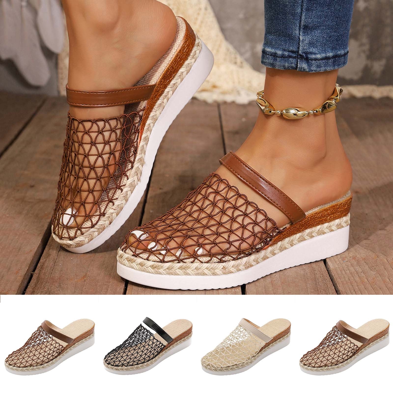 Crunowin Women's Wedge Sandals, Mesh Upper Woven Sole Lightweight Beach ...