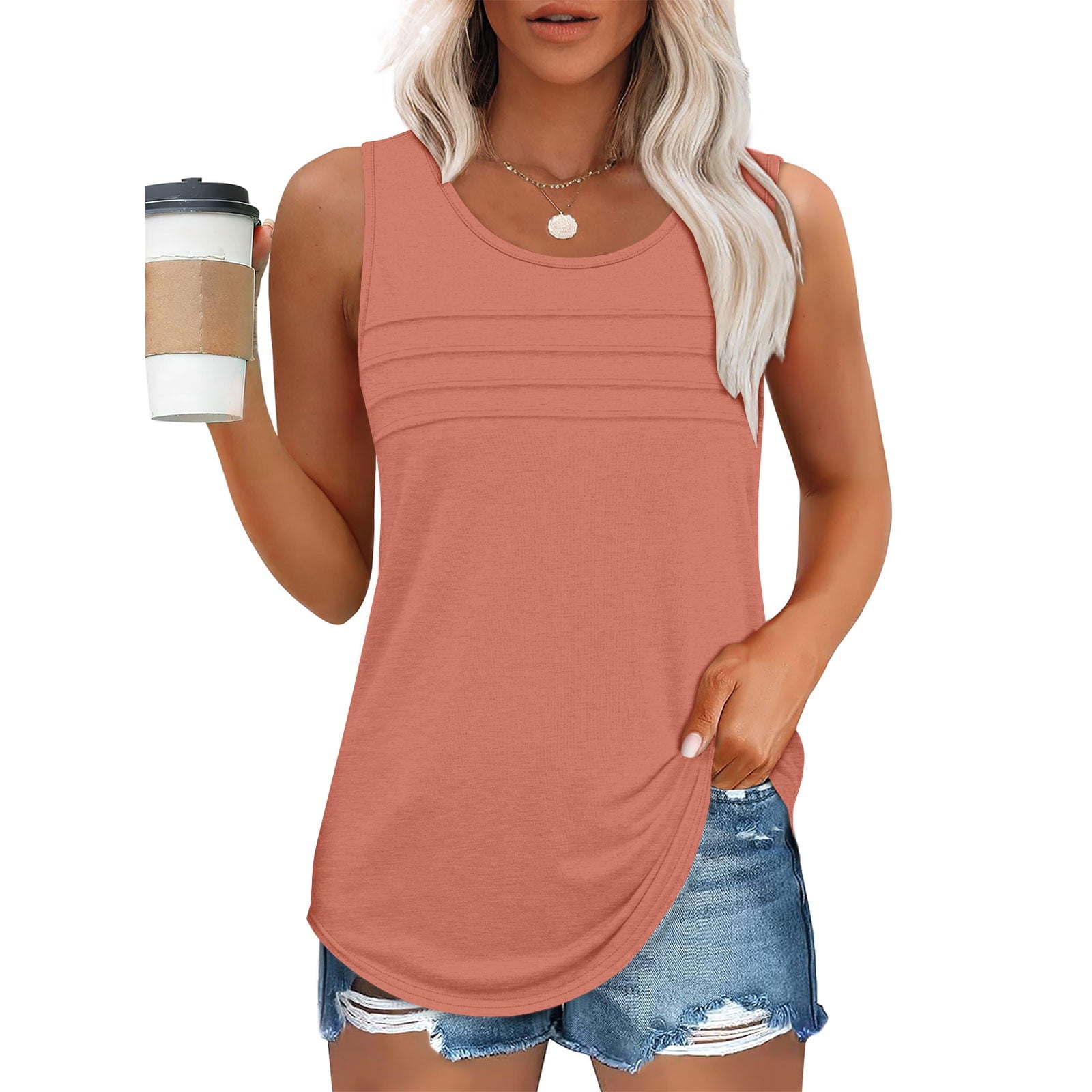 Crunowin Womens Pleated Tank Tops Casual Solid Sleeveless Going Out ...