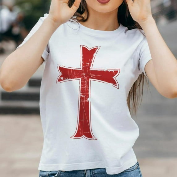 Crusader Cross Graphic Tees for Women，Pattern printing，Causal T-Shirt ...