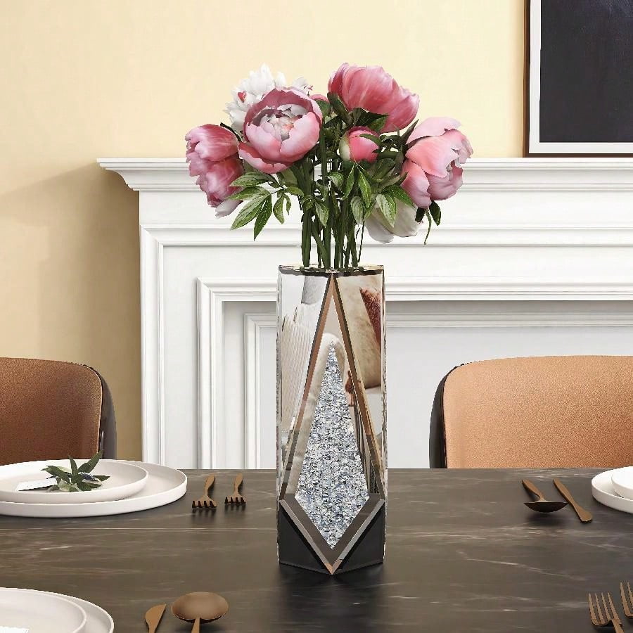 Crushed Diamond Flower Mirror Vase Silver Crystal Glass Vase Mirrored ...