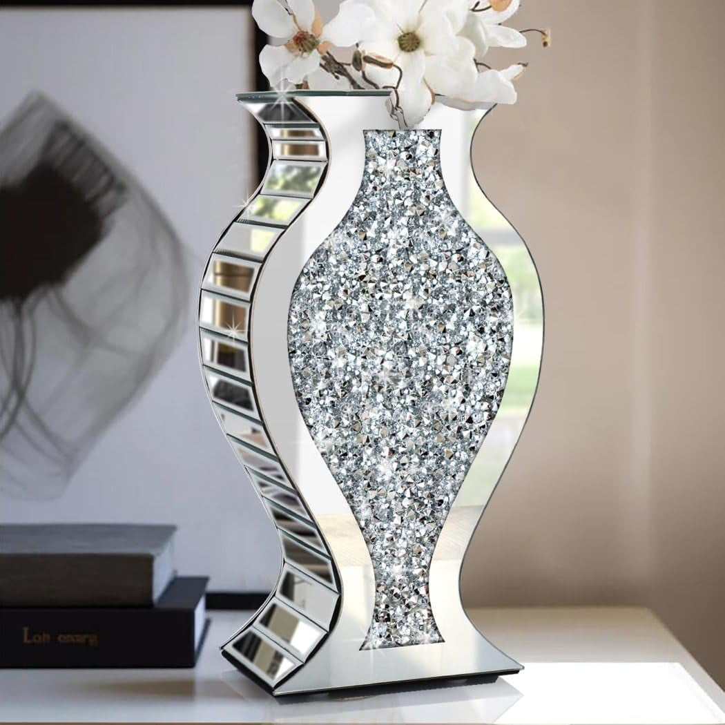 Crushed Diamond Mirror Vase Crystal Silver Glass Stunning Decorative ...