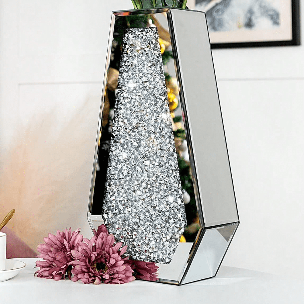 Crushed Diamond Mirrored Flower Vase Large Glass Vase Modern Crystal ...