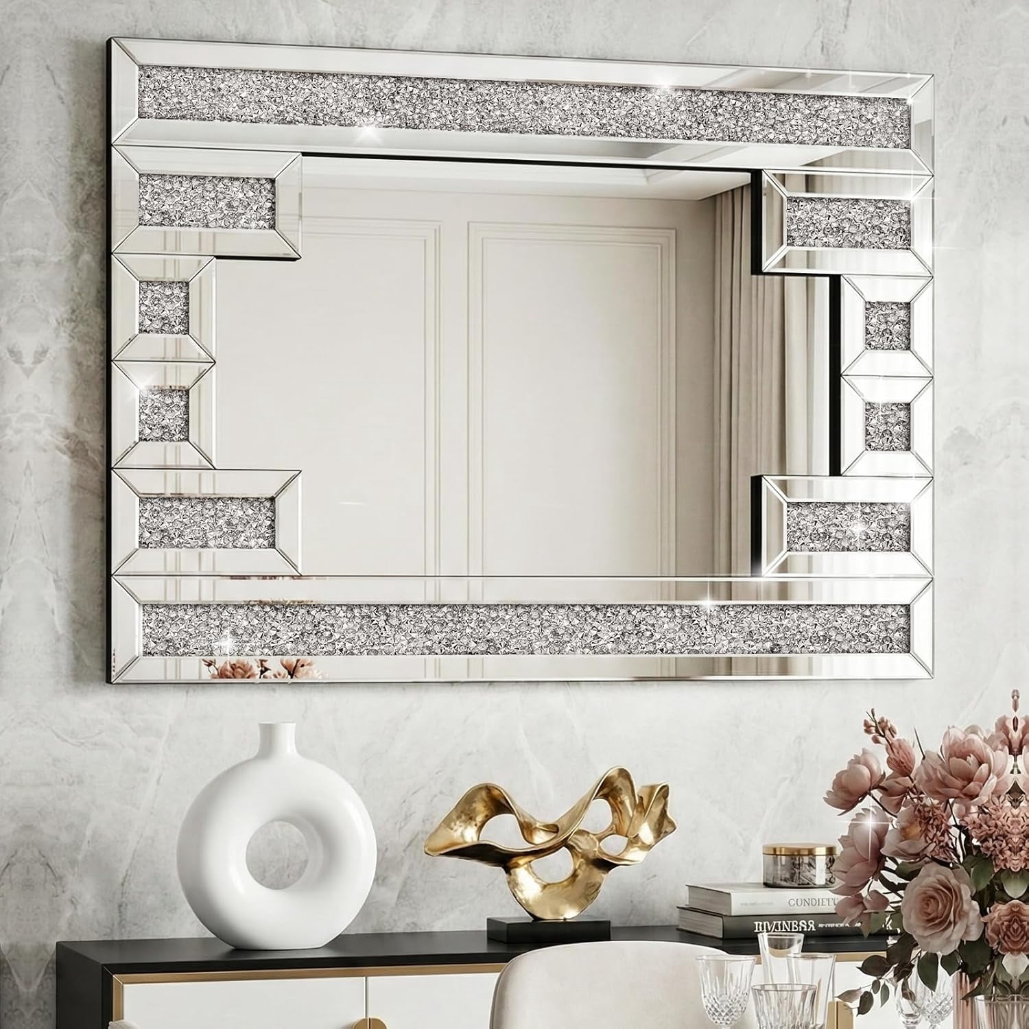 Crushed Diamond Rectangular Wall Mirror 28"x40", Bling Rhinestone ...