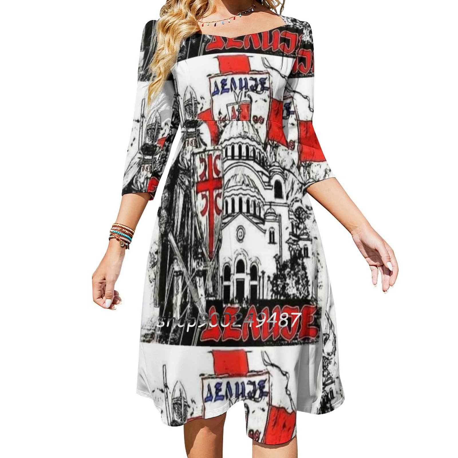 Crvena Zvezda Square Neck Dress Cute Loose Print Dresses Elegant Beach ...