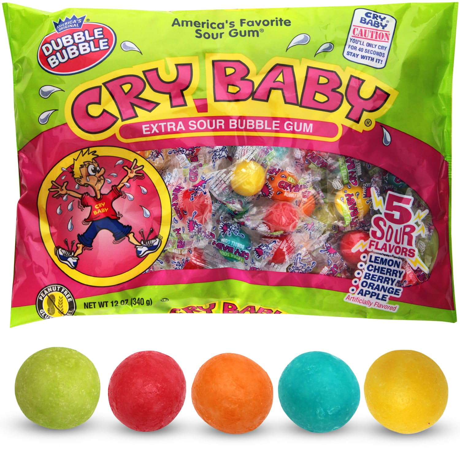 Cry Baby Extra Sour IRF13 Bubble Gum, 12 Individually Wrapped Gumballs 5 Mouth Puckering Flavors ...