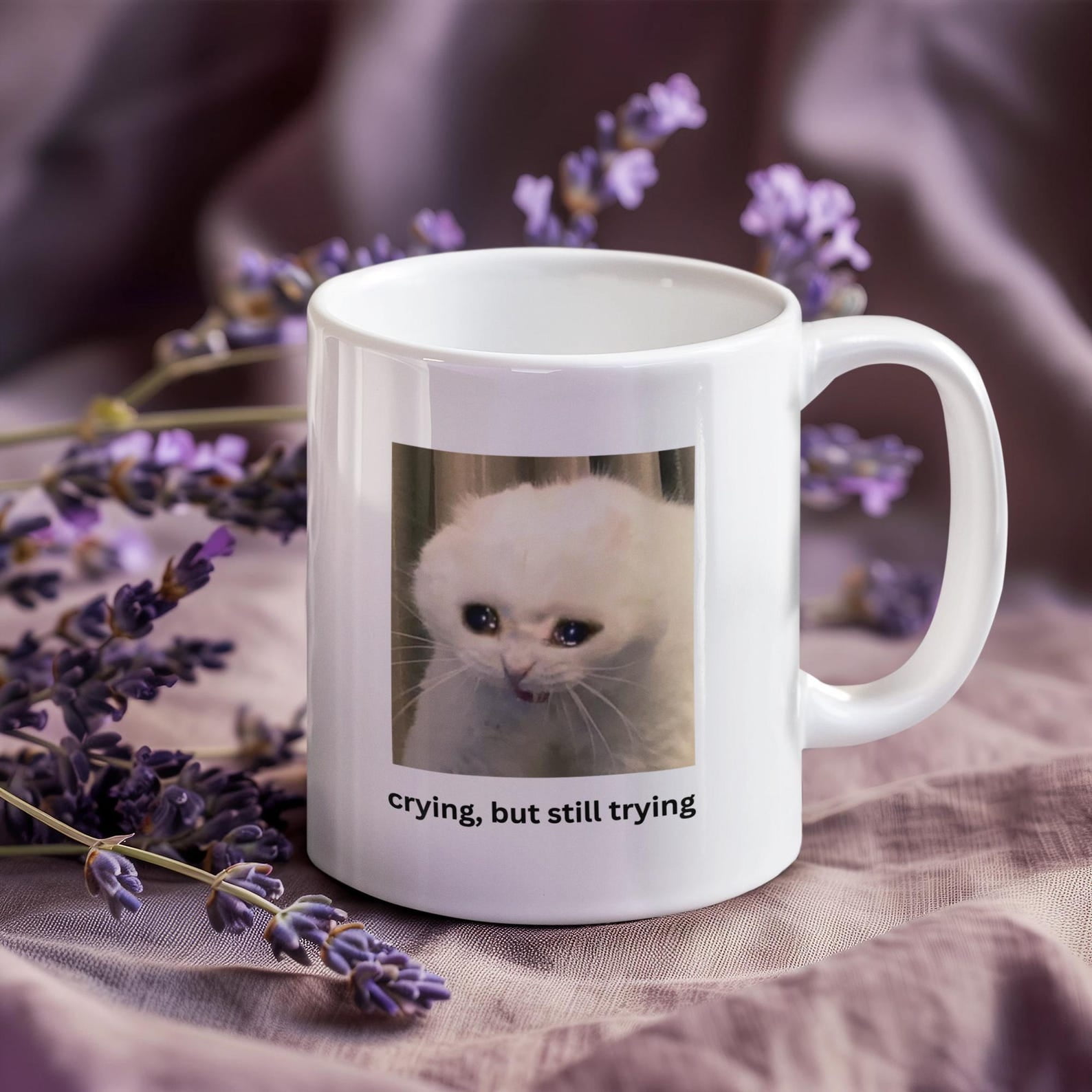 Crying But Still Trying Cat Ceramic Mug, Funny Cat Crying Meme Mug ...
