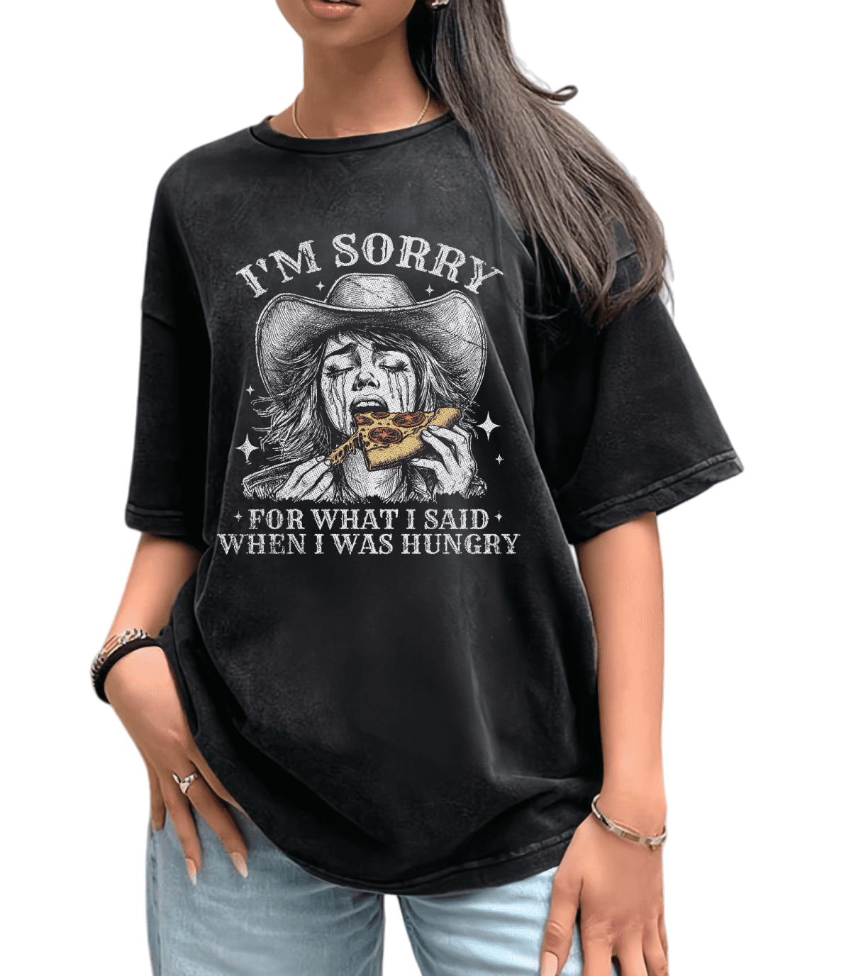 Crying Cowgirl Pizza Print Tshirt Pigment Dyed Black Graphic Tees Pizza ...