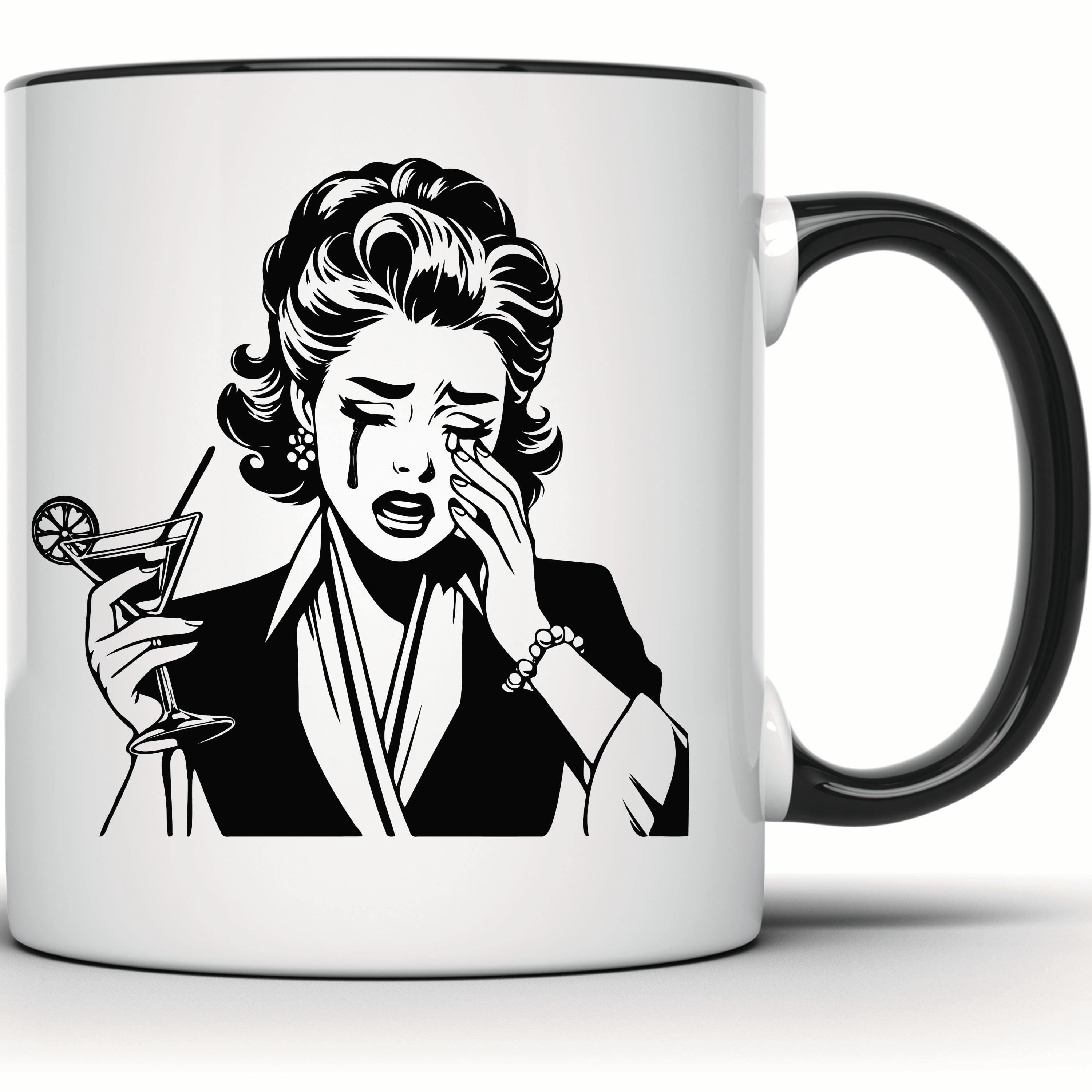 Crying Girl Mug - Pop Art Retro Woman with Martini - Funny Black and ...