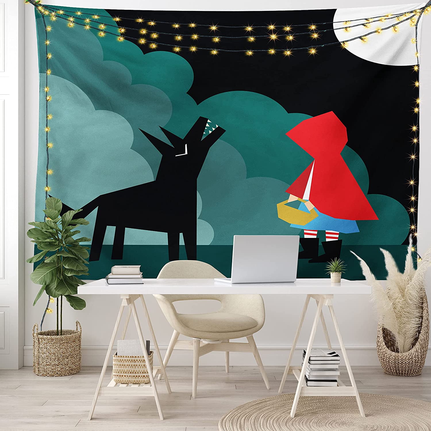 Crying Wolf Tapestry, Cartoon Style Little Red Riding Hood Scene ...