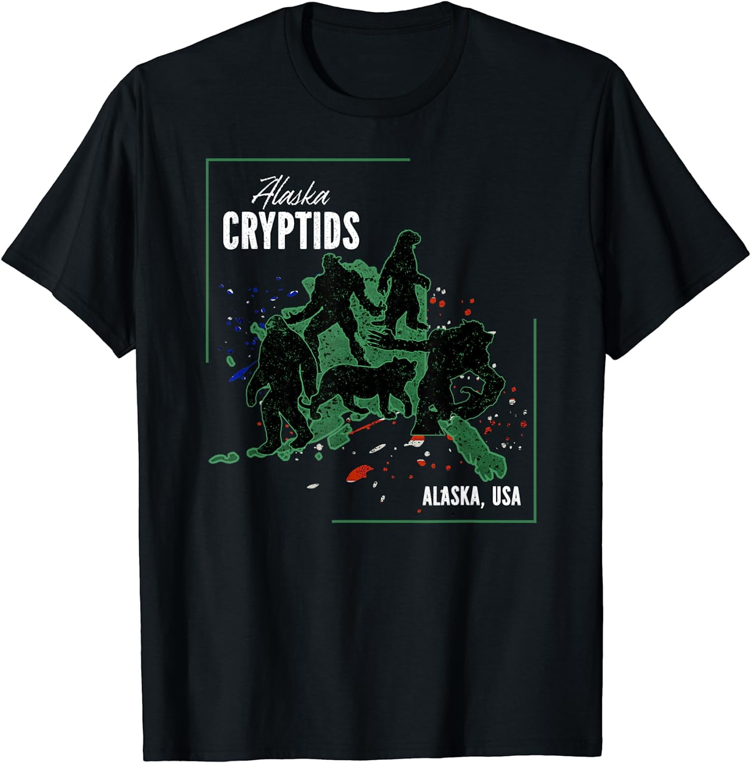 Cryptid Map of Alaska - The Otterman, Bigfoot, Giant, Tiger T-Shirt ...