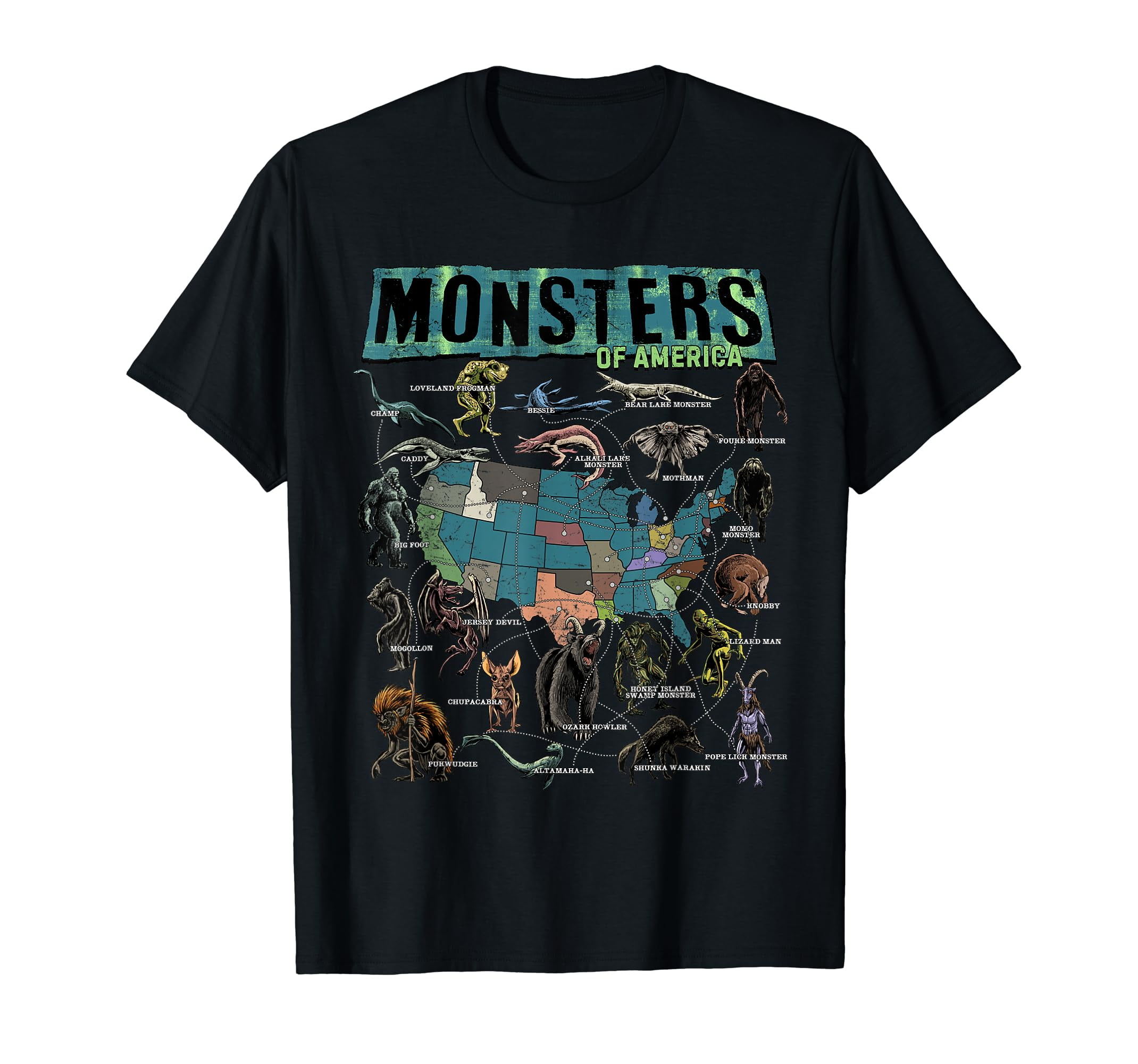 Cryptid Monsters of America Folklore Creature Cryptozoology T-Shirt ...