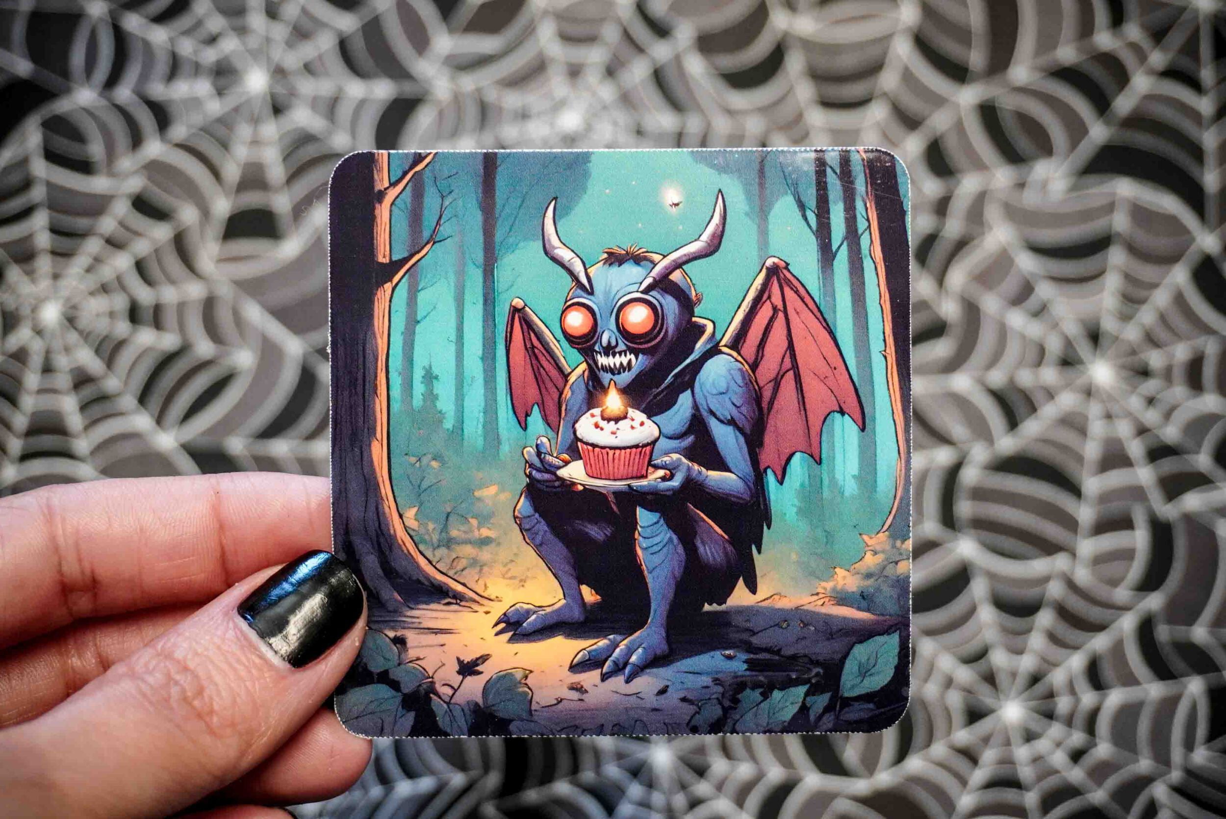 Cryptid Series Mothman Eating Birthday Cupcake Sticker - Vinyl, Machine ...