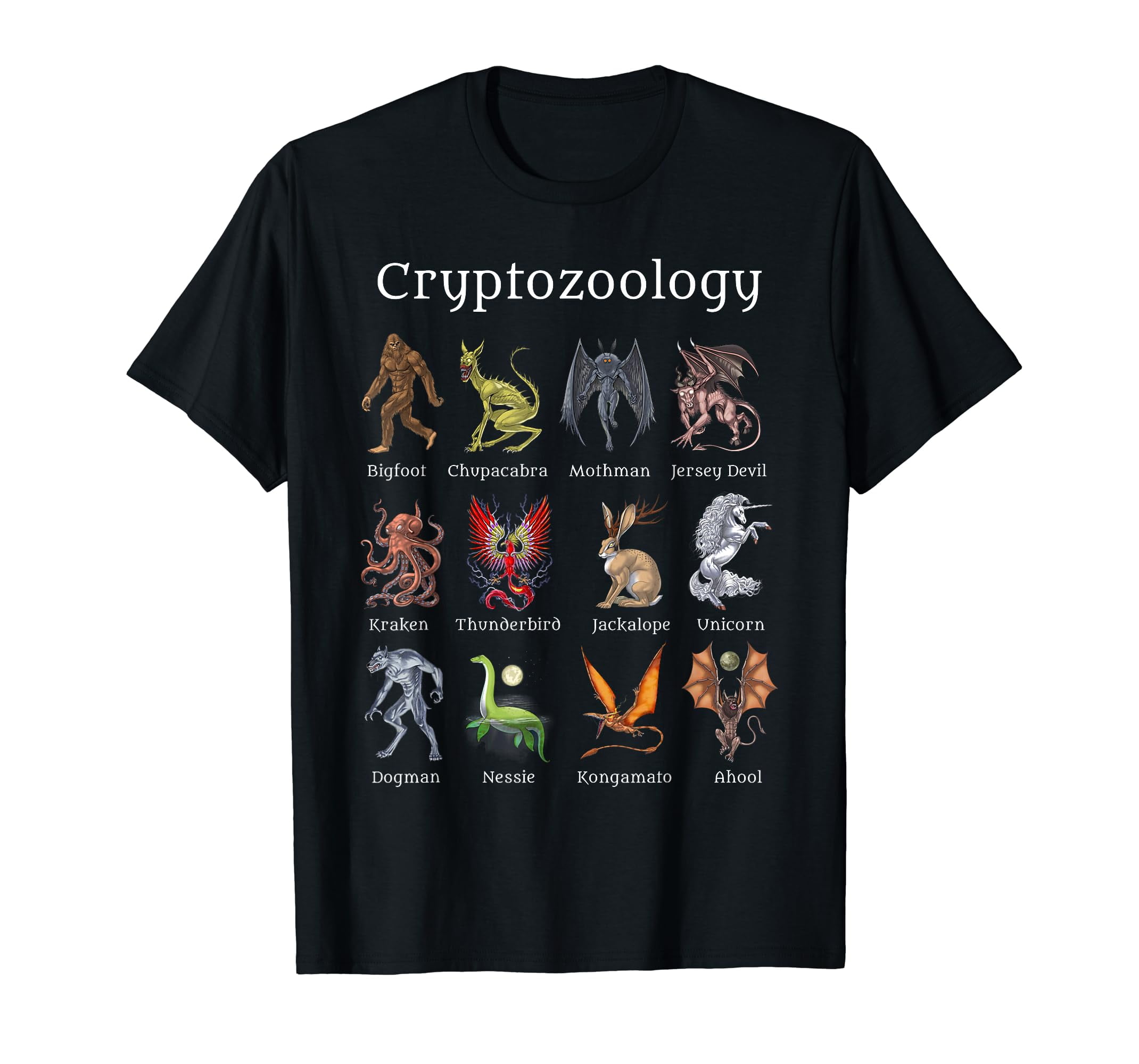 Cryptozoology Cryptid Creatures Fantasy Mythical Monsters Black T-Shirt ...