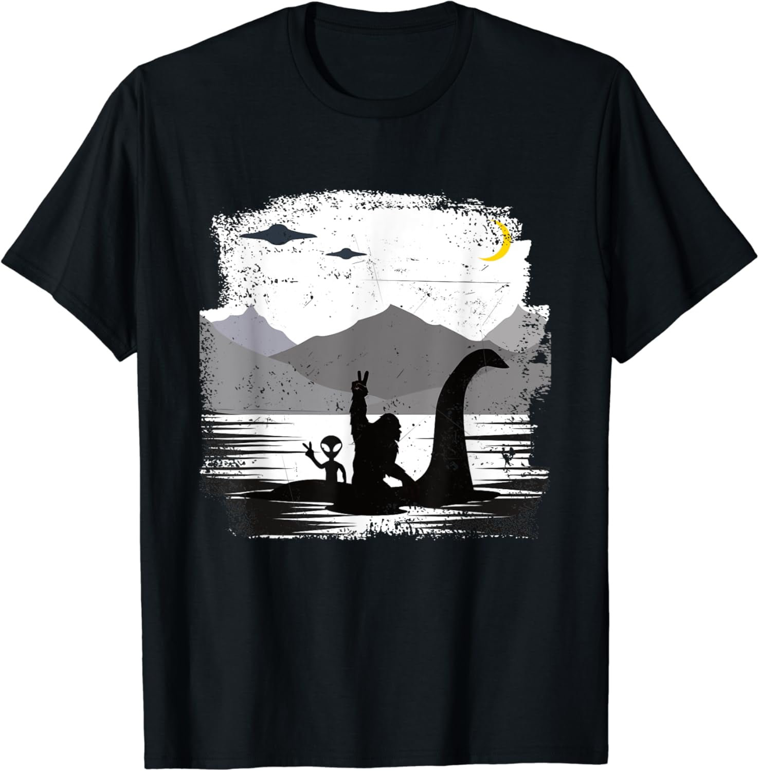 Cryptozoology Funny Bigfoot Alien Riding Loch Ness Monster T-Shirt ...