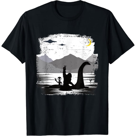 Cryptozoology Funny Bigfoot Alien Riding Loch Ness Monster T-Shirt ...