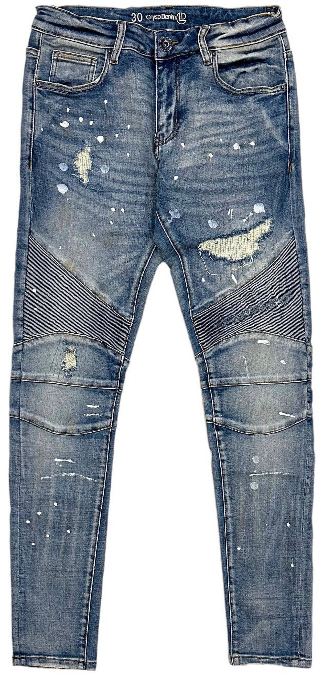 Crysp Denim Men's Biker Moto Distressed Rip & Repair Paint Splatter ...