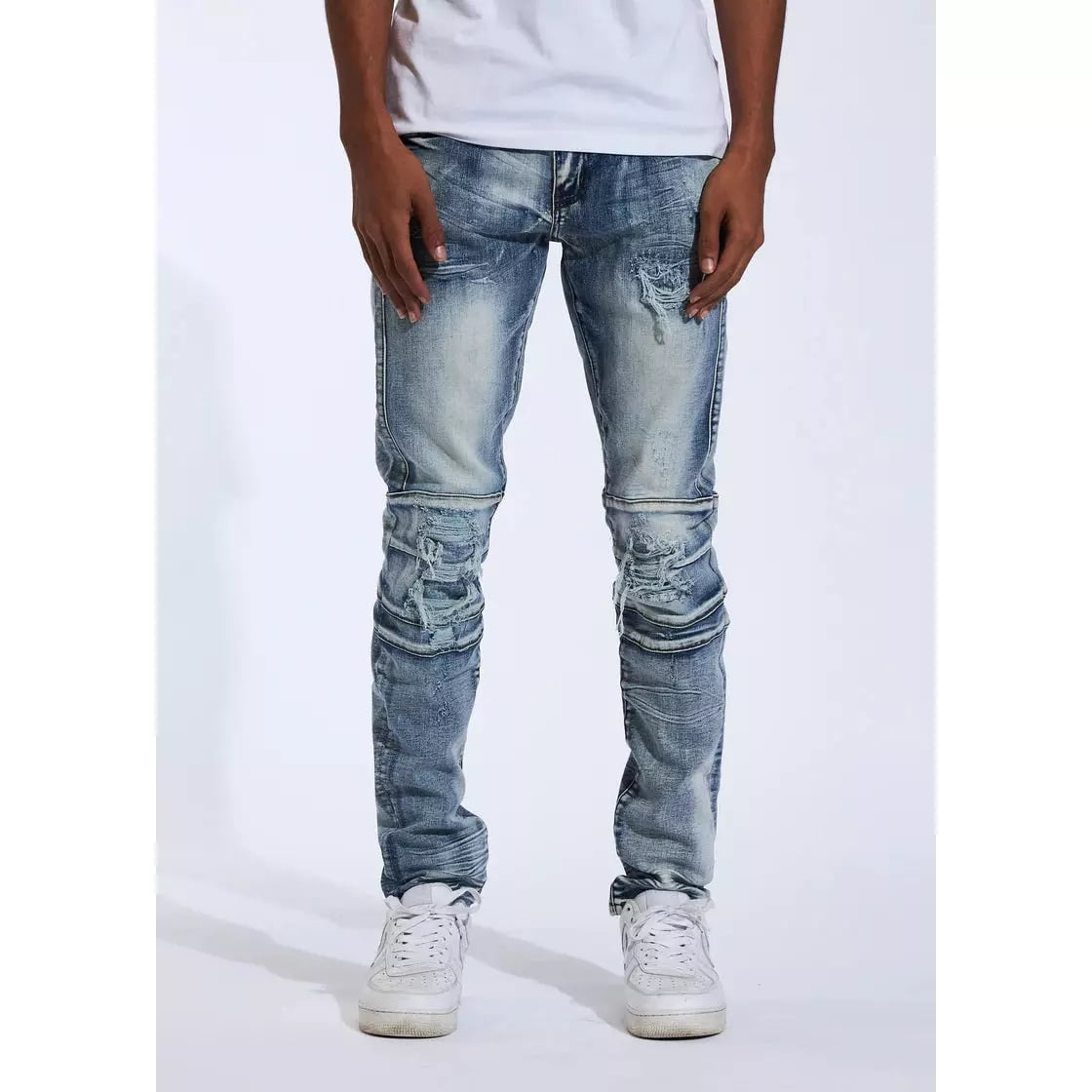 Crysp Denim Men's Biker Moto Distressed Rip & Repair Skinny Fit Stretch ...