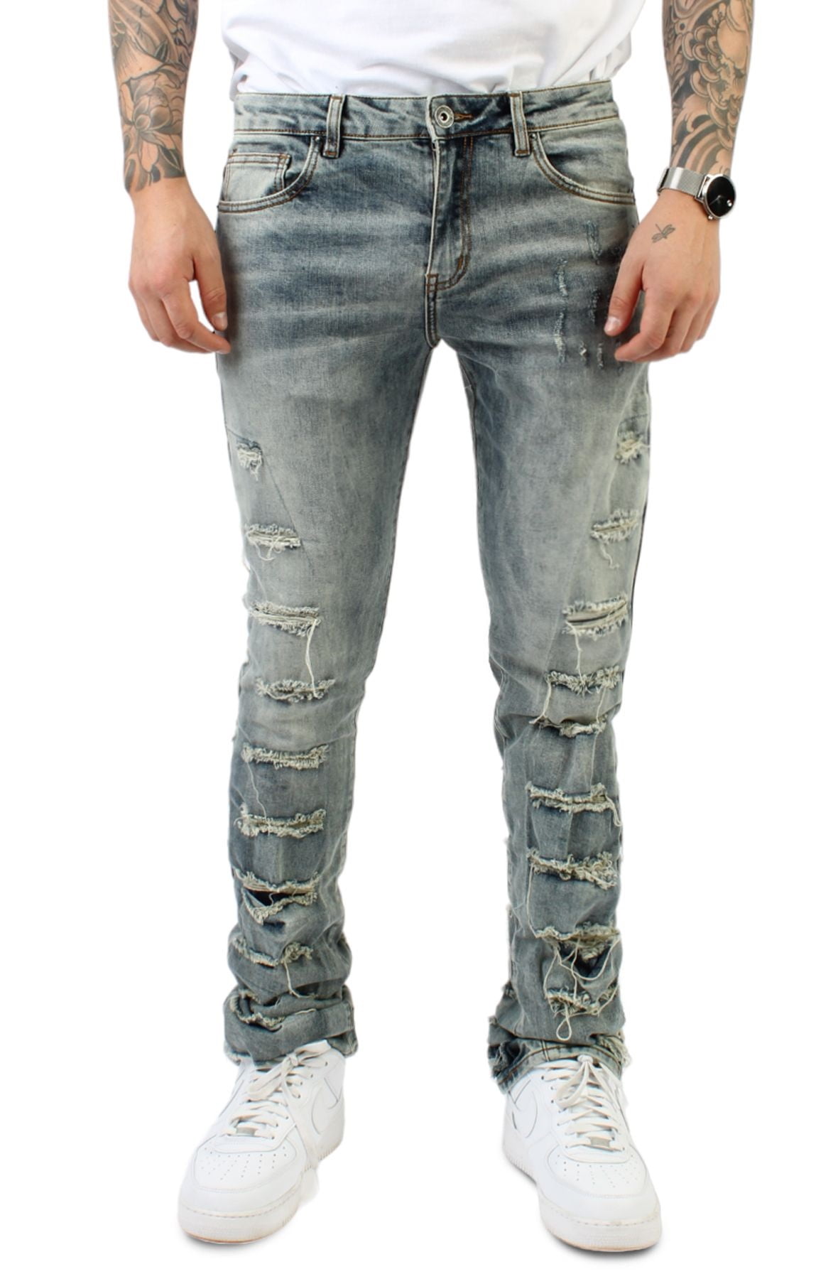Crysp Denim Men's Fray Flare Stacked Distressed Ripped Skinny Fit ...