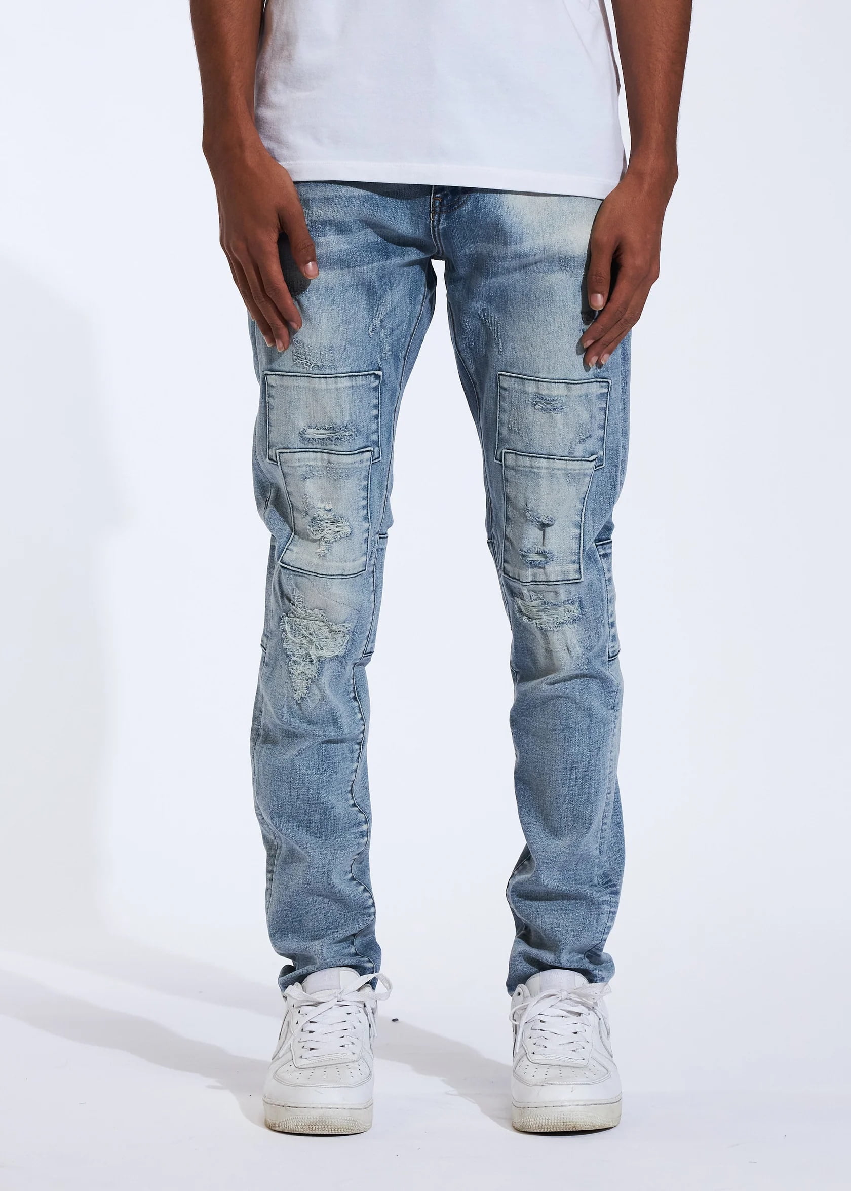 Crysp Denim Men's Groza Paneled Stitching Distressed Rips Skinny Fit ...